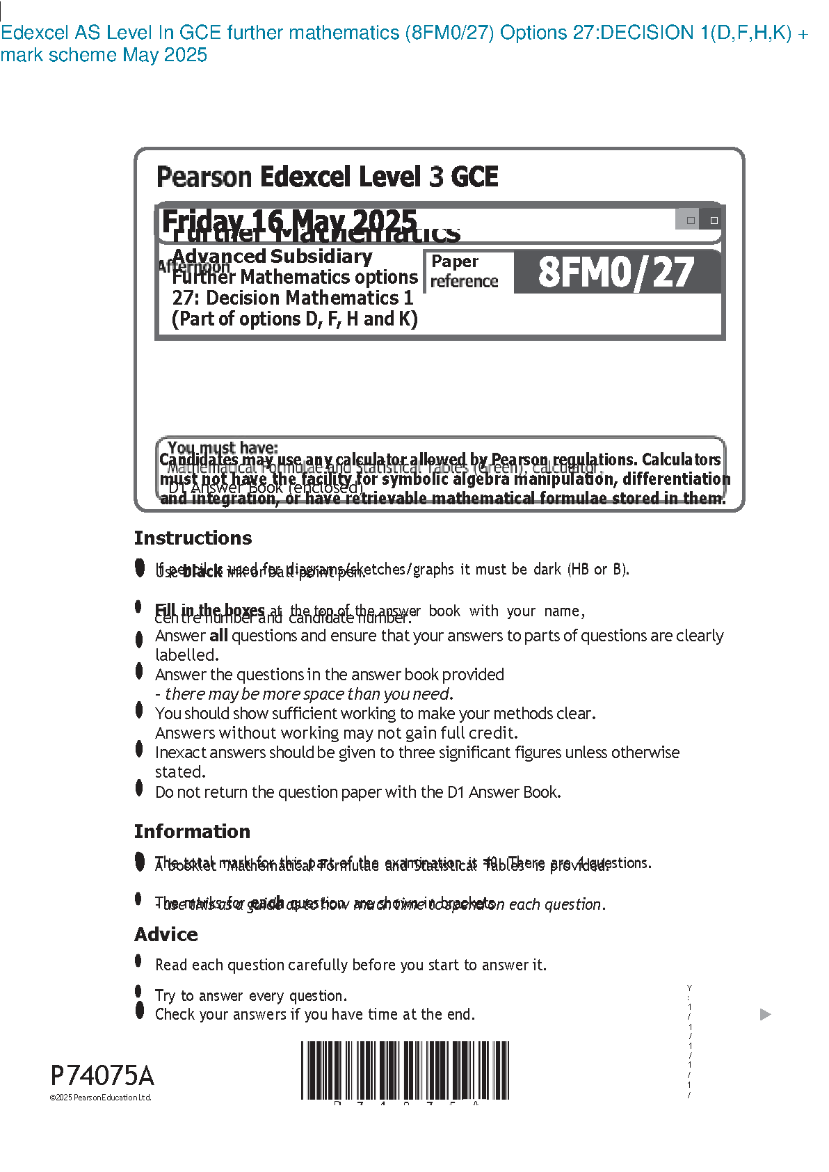 Ace Your Exams: Edexcel AS Level Further Mathematics - Decision 1 (8FM0 ...
