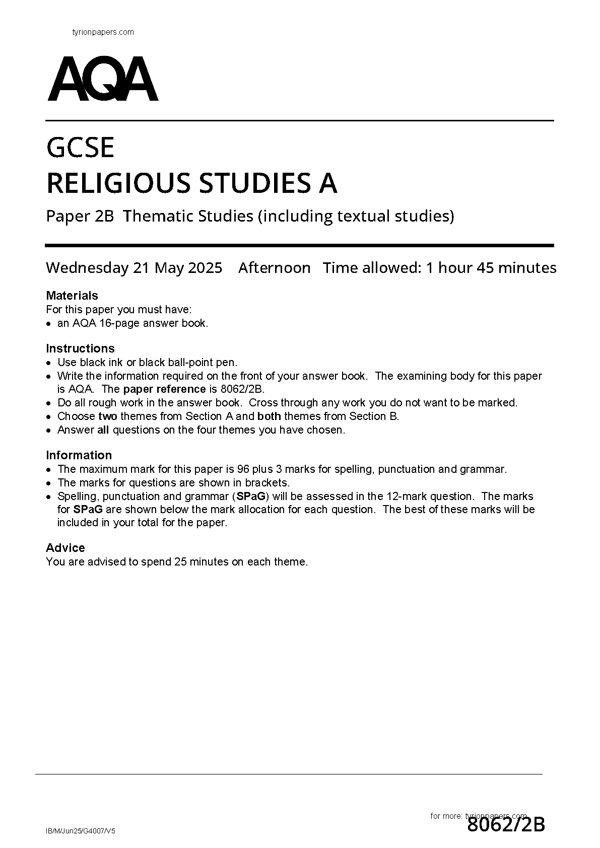 MERGED 2025 AQA GCSE RELIGIOUS STUDIES A Paper 2B Question Paper and ...