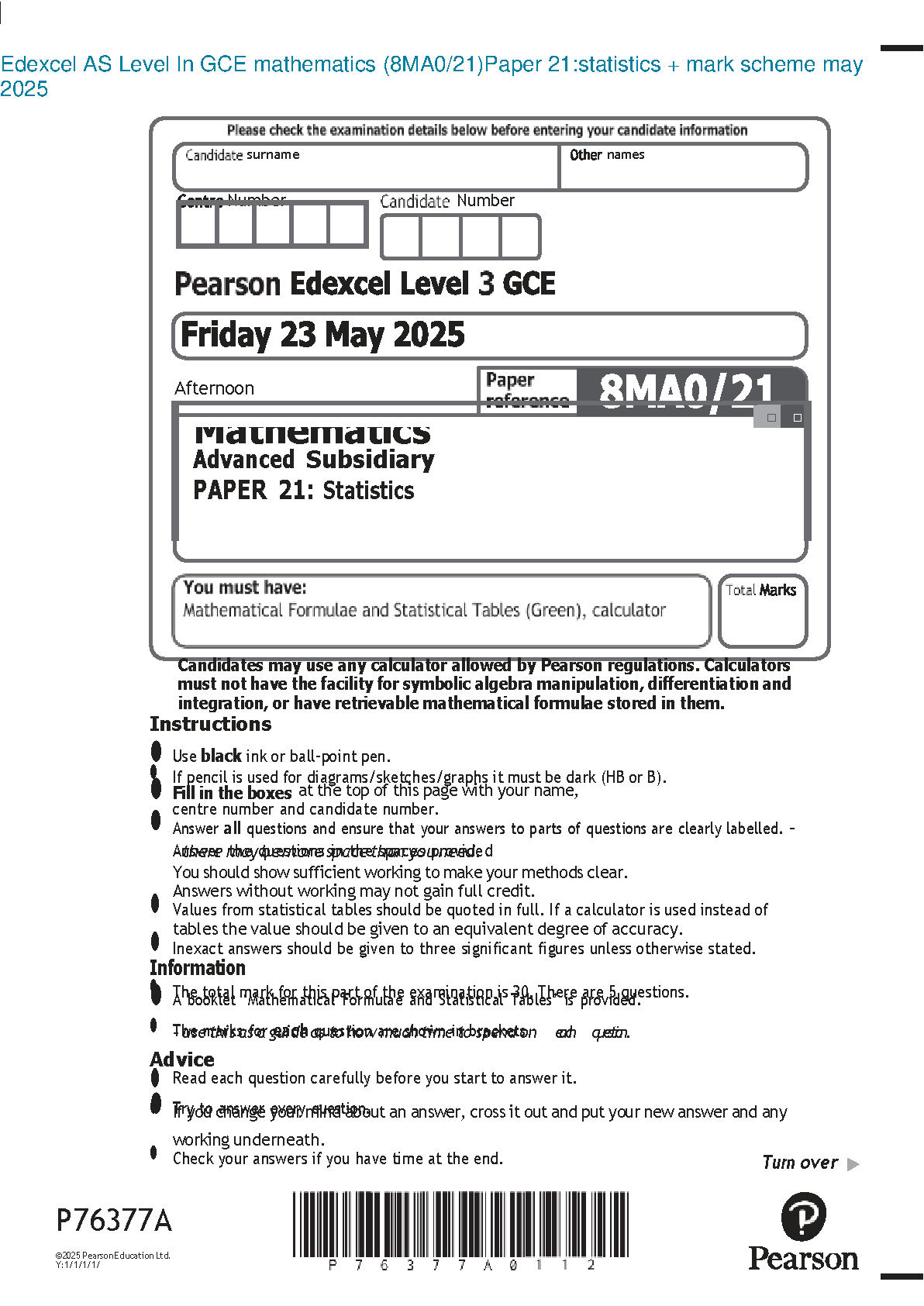 Pearson Edexcel AS Level Mathematics (8MA0/21) Paper 21 Statistics 2025 ...