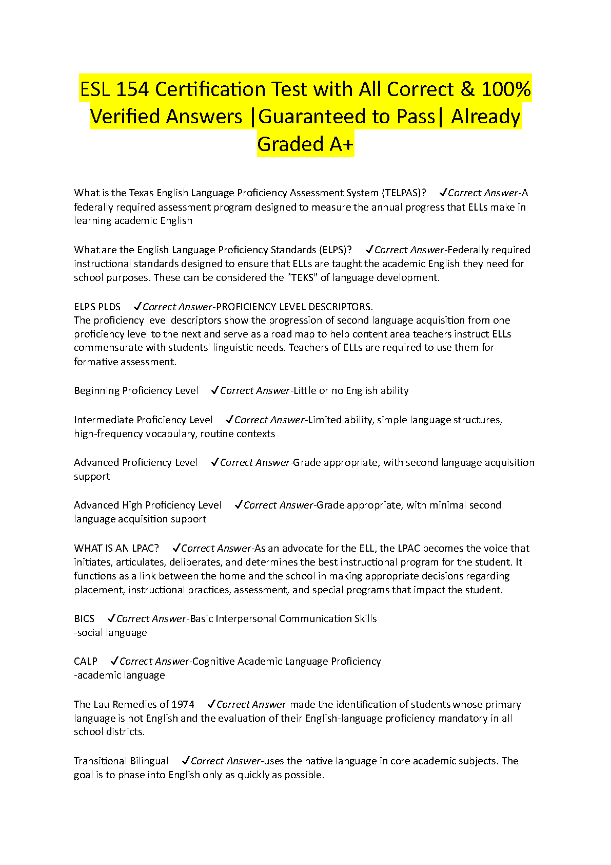 ESL 154 Certification Test Bank 2025/2026: Ace the TExES ESL ...