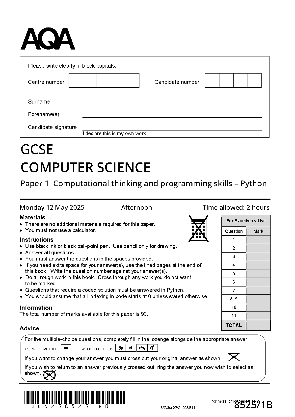 MERGED 2025 AQA GCSE COMPUTER SCIENCE Paper 1 and Mark Scheme (8525/01 ...
